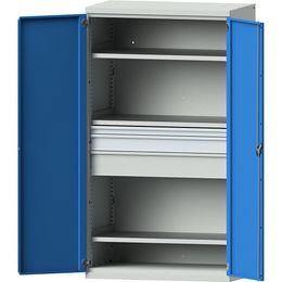 eurokraft pro Schwerlastschrank aus Stahl, 3 Fachböden, Schubladen 1 x 60 mm, 1 x 120 mm, 1 x 180 mm hoch, lichtgrau/lichtblau