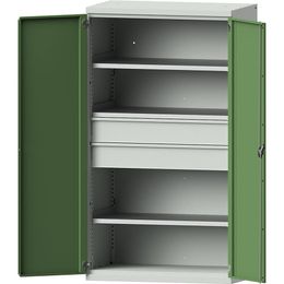 eurokraft pro Schwerlastschrank aus Stahl, 3 Fachböden, 2 Schubladen 180 mm hoch, lichtgrau/resedagrün
