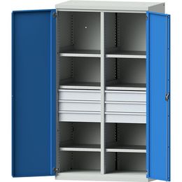 eurokraft pro Schwerlastschrank aus Stahl, 6 Fachb&ouml;den, 6 Schubladen 120 mm hoch, lichtgrau/lichtblau