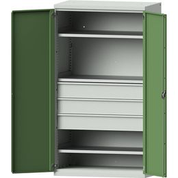 eurokraft pro Schwerlastschrank aus Stahl, 3 Fachböden, 3 Schubladen 180 mm hoch, lichtgrau/resedagrün