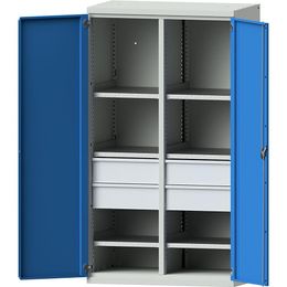 eurokraft pro Schwerlastschrank aus Stahl, 6 Fachb&ouml;den, 4 Schubladen 180 mm hoch, lichtgrau/lichtblau