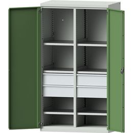 eurokraft pro Schwerlastschrank aus Stahl, 6 Fachb&ouml;den, 4 Schubladen 180 mm hoch, lichtgrau/resedagr&uuml;n
