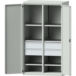 eurokraft pro Schwerlastschrank aus Stahl, 6 Fachb&ouml;den, 4 Schubladen 180 mm hoch, lichtgrau/lichtgrau