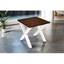 Esstisch 80x80 cm Baumkante Holz Nussbaum-Optik X-Gestell Metall wei&szlig; JOSY