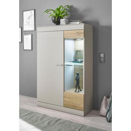 Vitrine Inosign "SCARA", grau (kieselgrau), B:90cm H:139cm T:35cm, Schränke, mit Applikation Zinneiche Dekor, Breite 90 cm, mit Softclose-Funktion