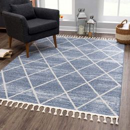 Teppich Carpet City "Art 2646", blau, B:120cm H:7mm L:170cm, Polypropylen, Teppiche, Teppich, L&auml;ufer, Kurzflor, mit Kettf&auml;den, Rauten-Optik, Fransen