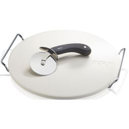 Pizzastein Gefu "+ Pizzaschneider DARIOSO", beige (creme weiß), H:1cm Ø:33cm, Edelstahl, Keramik, Kunststoff, Backbleche, speichert die Hitze gleichmäßig und über einen langen Zeitraum