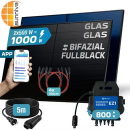 SUNNIVA&reg; 1000W Balkonkraftwerk BIFAZIAL FULLBLACK komplett Steckdose AP Systems EZ1-M 800 Watt Wechselrichter, Solaranlage Komplettset, 2x500W Glas Bifacial Solarmodule, 5m Kabel, 4x1m Solarkabel
