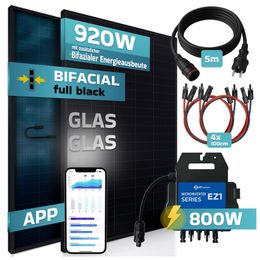 SUNNIVA&reg; 920W Balkonkraftwerk BIFAZIAL FULLBLACK komplett Steckdose AP Systems EZ1-M 800 Watt Wechselrichter, PV Solaranlage Komplettset,2x460W Glas-Glas Bifacial Solarmodule, 5m Kabel,4x1m Solarkabel