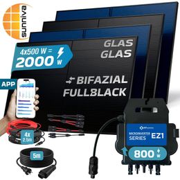 SUNNIVA&reg; 2000W Balkonkraftwerk BIFAZIAL FULLBLACK komplett Steckdose AP Systems EZ1-M 800W Wechselrichter, Solaranlage Komplettset,4x 500W N Glas Bifacial Solarmodule,5m Kabel,4x 2.5m Solarkabel