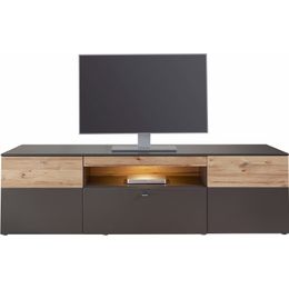 Lowboard FORTE, B:209,8cm H:59,3cm T:52cm, grau, Wohnzimmer, Sideboards, "Como", TV-Board, LED Beleuchtung, Soft Close, Stauraum, 209,8/59,3/52 cm