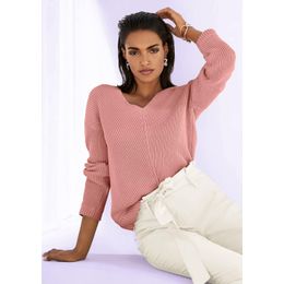 Madeleine Mode MADELEINE Damen Longpullover "Pullover Langarm-Pullover mit V-Ausschnitt", rosa, Gr. 48, Obermaterial: 100% Baumwolle CO., Pullover