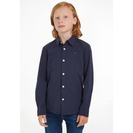 Langarmhemd Tommy Hilfiger "SOLID STRETCH POPLIN SHIRT L/S", Jungen, Gr. 12/152, N-Gr, blau (marine), Web, Obermaterial: 98% Baumwolle, 2% Elasthan, unifarben, Basic schmal hüftbedeckend, 1-Knopf-Manschette, Hemden Festliche Hemden, mit Logo-Stickerei für Kinder bis 16 Jahre