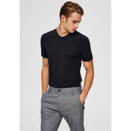 V-Shirt Selected Homme "SLHNEWPIMA SS V-NECK TEE B NOOS", Herren, Gr. S, schwarz, Single Jersey, Obermaterial: 95% Baumwolle, 5% Elasthan, unifarben, Basic, normal, V-Ausschnitt, Shirts
