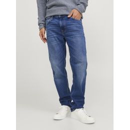 Jack & Jones Regular-fit-Jeans JACK & JONES "JJICLARK mit Used-Look und Stretch für den Alltag", Herren, Gr. 28, Länge 32, blau (blau denim), Denim/Jeans, Obermaterial: 80% Baumwolle, 15% Lyocell, 3% Elastomultiester, 2% Elasthan, Abriebeffekte, regular fit knöchellang, Jeans, mit Abriebeffekten
