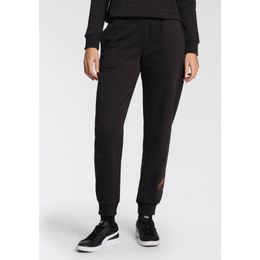 Jogginghose Puma "ESS+ LOGO LAB PANTS FL", Damen, Gr. L, N-Gr, schwarz (Puma schwarz), Fleece, Obermaterial: 66% Baumwolle, 34% Polyester, bedruckt, regular fit normal, Hosen Jogginghose