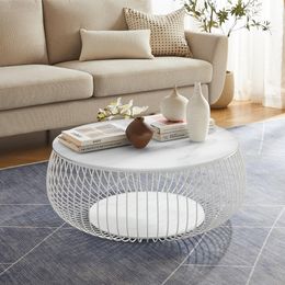 Couchtisch Salesfever "Coffeetable Wohnzimmertisch im minimalistischen Stil", weiß (weiß, weiß, weiß), B:86cm H:35cm T:86cm, Metall, Glas, Tische, Couchtisch, 10 mm starke Klarglasplatte mit Marmordruck