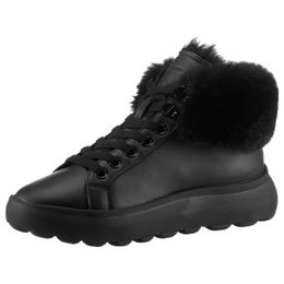 Winterboots Geox "D SPHERICA", Damen, Gr. 37, schwarz, Leder, Fellimitat, unifarben, Schuhe, High Top Sneaker, Schnürboots, Winterboots mit Plateausohle