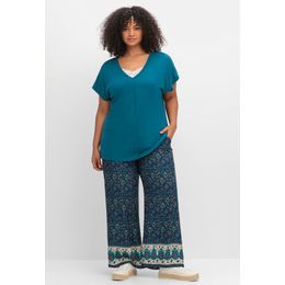 T-Shirt sheego "T-Shirt", Damen, Gr. 48/50, blau (dunkelpetrol), 100% Viskose, unifarben, V-Ausschnitt, Shirts T-Shirt