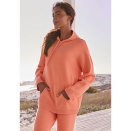 Kapuzenpullover ELBSAND, Damen, Gr. 32/34, orange (aprikose), Feinstrick, Obermaterial: 50% Viskose, 28% Polyester, 22% Nylon, meliert, unifarben, bequem hüftlang, herzförmiger Ausschnitt, Rippstrickbündchen, Pullover Kapuzenpullover, aus hochwertigem Strick, Loungewear