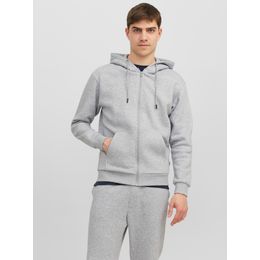 Jack & Jones Kapuzensweatjacke JACK & JONES "JJEBRADLEY mit Kapuze, ideal für kalte Jahreszeit", Herren, Gr. XL, grau (light grau melange), angeraute Sweatware, Obermaterial: 61% Polyester, 39% Baumwolle, meliert, loose fit taillenbedeckt, ohne Ausschnitt, Rippbündchen, Sweatjacken, mit Kapuze