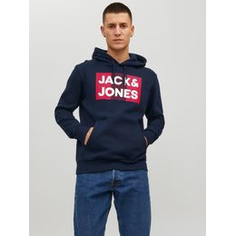 Jack & Jones Kapuzensweatshirt JACK & JONES "JJECORP Kapuze und Frontprint", Herren, Gr. XL, blau (navy blazer), Obermaterial: 61% Polyester, 39% Baumwolle, bedruckt, normal, Rundhals, Bündchen, Sweatshirts, bedruckt, modisch, regular fit, Baumwollmischung, Rundhals