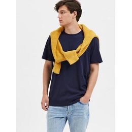Rundhalsshirt Selected "SLHASPEN SS O-NECK TEE NOOS", Herren, Gr. L, blau (navy blazer), Jersey, Obermaterial: 100% Baumwolle, unifarben, regular fit normal, Rundhals, Shirts Rundhalsshirt
