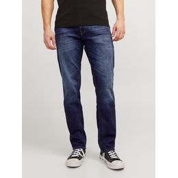 Jack & Jones Regular-fit-Jeans JACK & JONES "JJICLARK mit Used-Look und Stretch f&uuml;r den Alltag", Herren, Gr. 33, L&auml;nge 34, blau (denim, blau), Denim/Jeans, Obermaterial: 98% Baumwolle, 2% Elasthan, Abriebeffekte, regular fit lang, Jeans, mit Abriebeffekten