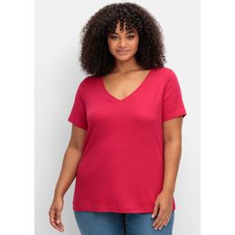 T-Shirt sheego "T-Shirt", Damen, Gr. 40/42, pink (sorbet pink), 100% Baumwolle, unifarben, V-Ausschnitt, Shirts T-Shirt
