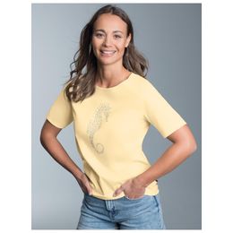 T-Shirt TRIGEMA "TRIGEMA T-Shirt mit Seepferdchen-Print aus Strasssteinchen", Damen, Gr. L, gelb (vanille), 100% Baumwolle, Basic, Shirts T-Shirt