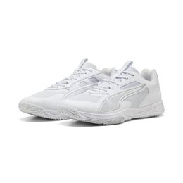 Sneaker Puma "Accelerate Pro 4 Handballschuhe Erwachsene", Herren, Gr. 42.5, wei&szlig; silber metallic, Obermaterial: Synthetik, Textil. Futter: Textil. Innensohle: Textil. Laufsohle: Synthetik, Gummi, Schuhe Sneaker