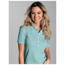 Poloshirt TRIGEMA "TRIGEMA Poloshirt mit Kristallsteinen", Damen, Gr. L, blau (gletscher), 94% Baumwolle, 6% Elasthan, Basic, Shirts