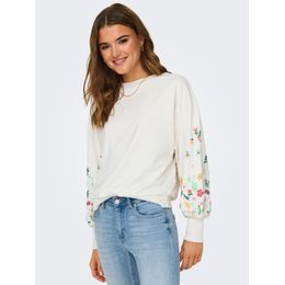 Sweatshirt Only "ONLBROOKE L/S O-NECK FLOWER SWT", Damen, Gr. M (38), wei&szlig; (cloud dancer print:sleeve flower), Sweatware, Obermaterial: 60% Baumwolle, 40% Polyester, gebl&uuml;mt, regular fit normal, Rundhals, Rippb&uuml;ndchen, Sweatshirts Sweatshirt