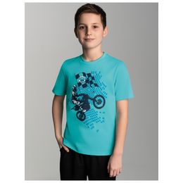 T-Shirt TRIGEMA "TRIGEMA T-Shirt mit l&auml;ssigem Motocross-Print", Jungen, Gr. 116, gr&uuml;n (mint), Single Jersey, 100% Baumwolle, Rundhals, Shirts T-Shirt