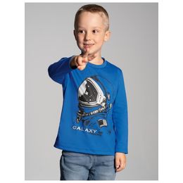Longsleeve TRIGEMA "TRIGEMA Langarmshirt mit großem Astronauten-Print", Mädchen, Gr. 104, electric, blau, 100% Baumwolle, Basic, Shirts