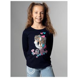 Longsleeve TRIGEMA "TRIGEMA Langarmshirt mit süßem Pony-Print", Mädchen, Gr. 140, blau (navy), 100% Baumwolle, Shirts