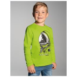 Longsleeve TRIGEMA "TRIGEMA Langarmshirt mit großem Astronauten-Print", Mädchen, Gr. 128, lemon, 100% Baumwolle, Basic, Shirts