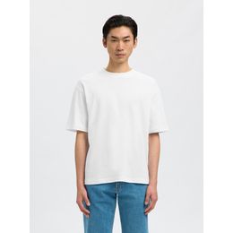 Rundhalsshirt Selected Homme "SLHLOOSEOSCAR SS O-NECK TEE NOOS", Herren, Gr. M, wei&szlig; (hellwei&szlig;), Jersey, Obermaterial: 44% Baumwolle, 35% Polyester, 21% Elastomultiester, unifarben, loose fit normal, Rundhals, Shirts Rundhalsshirt