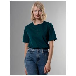 T-Shirt TRIGEMA "TRIGEMA T-Shirt mit Knopfleiste DELUXE Baumwolle", Damen, Gr. L, blau (saphir), 100% Baumwolle, Shirts T-Shirt