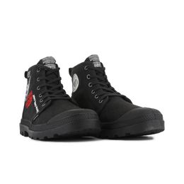 Palladium Herren Schn&uuml;rboots "STRANGER THINGS X PAMPA HELLFIRE", Gr. 44,5all schwarz, Textil, Schuhe, Schn&uuml;rstiefel aus Canvas mit Print