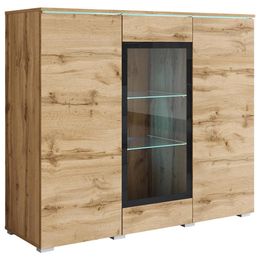 P & B Highboard Vera, Eiche Wotan, Kunststoff, 9 F&auml;cher, kaltwei&szlig;, 120x102.3x39.5 cm, Fsc, stehend, Beleuchtung, Wohnzimmer, Kommoden & Sideboards, Highboards