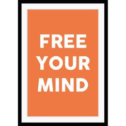 queence Bild &raquo;FREE YOUR MIND&laquo; Motivationsbilder Schriftzug Spr&uuml;che & Texte HD Premium Poster-Druck inkl. Holzrahmen schwarz Acrylglas, Holz, Papier