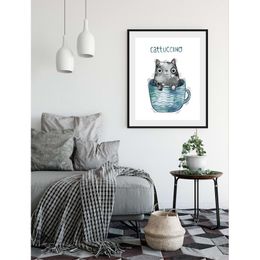 queence Bild &raquo;Cattucino&laquo; Humor Kaffee Kaffee Bilder Katze Schriftzug 1 Stk. tlg. HD Premium Poster-Druck inkl. Holzrahmen blau Acrylglas, Holz, Papier