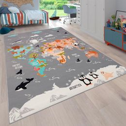 Paco Home Kinderteppich &raquo;Bino 581&laquo; rechteckig 4 mm H&ouml;he Spielteppich, Motiv Weltkarte & Tiere, Kinderzimmer Grau Obermaterial: 100% Polyester B :...