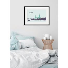queence Bild &raquo;Munich Skizze&laquo; Deutschland Geb&auml;ude M&uuml;nchen Schriftzug Stadt St&auml;dte 1 Stk. tlg. HD Premium Poster-Druck inkl. Holzrahmen blau Acrylglas, 