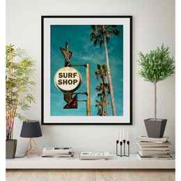 queence Bild &raquo;SURF SHOP&laquo; 1 Stk. tlg. HD Premium Poster-Druck inkl. Holzrahmen blau Acrylglas, Holz, Papier
