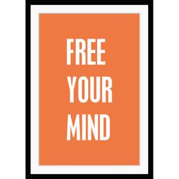 queence Bild &raquo;FREE YOUR MIND&laquo; Motivationsbilder Schriftzug Spr&uuml;che & Texte HD Premium Poster-Druck inkl. Holzrahmen bunt Acrylglas, Holz, Papier