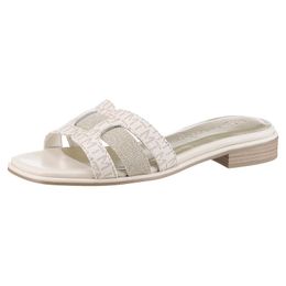 Marco Tozzi Pantolette, Blockabsatz, Sommerschuh mit Logodrucken creme kombiniert 40 40 Schicke Pantolette mit gerafftem Textilband