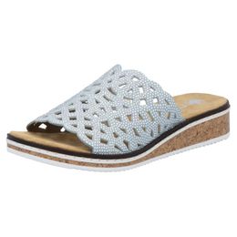 Rieker Pantolette Sommerschuh, Schlappen, Hausschuh, Keilabsatz mit Perfortion hellblau 42 42 Pantolette mit kleinen Strass-Steinchen besetzt