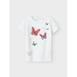 T-Shirt name it "NMFLOFLA SS TOP", M&auml;dchen, Gr. 104, wei&szlig; (hellwei&szlig;), Jersey, Obermaterial: 95% Baumwolle, 5% Elasthan, bedruckt, regular fit normal, Rundhals, Shirts T-Shirt